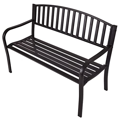 Tangkula 50 Inch Outdoor Steel Garden Bench Park Bench, Patio Chair Garden Bench with High Back & Rustproof Armrests, Ideal Bench for Lawn, Yard, Porch, Deck & Poolside