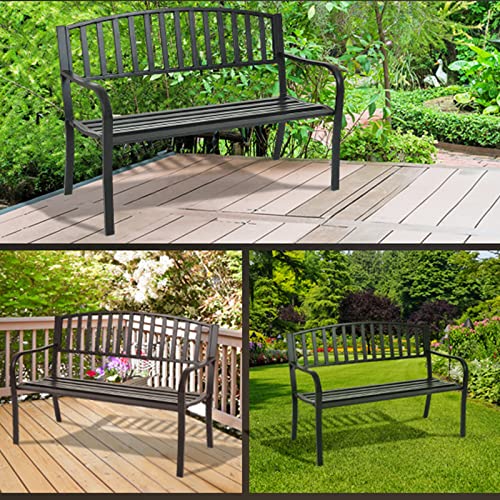 Tangkula 50 Inch Outdoor Steel Garden Bench Park Bench, Patio Chair Garden Bench with High Back & Rustproof Armrests, Ideal Bench for Lawn, Yard, Porch, Deck & Poolside