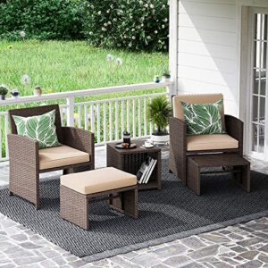 oc orange-casual 5 pcs patio conversation set balcony furniture set with beige cushions, brown wicker chair with ottoman, storage table for backyard, garden, porch