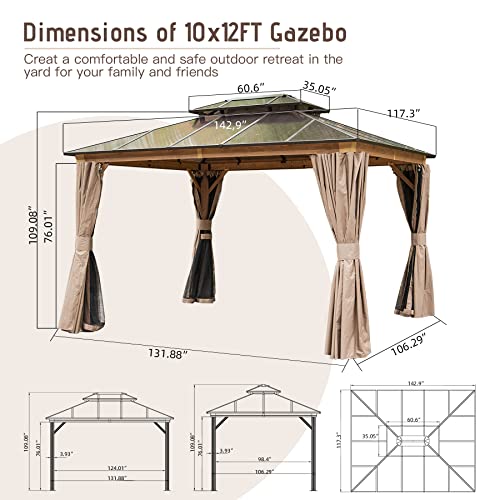 Domi Outdoor Living 10’ X 12’ Hardtop Gazebo Outdoor Aluminum Gazebo with Polycarbonate Double Roof Canopy for Lawn and Garden, with Curtains & Net (Wood Looking)