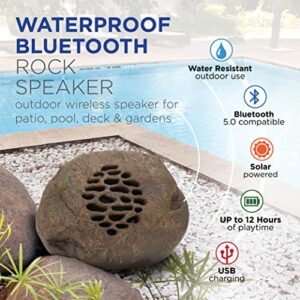 Alpine Corporation Weather-Resistant Bluetooth Solar-Powered Outdoor Wireless Rock Speaker – Set of 2 & Keter Outdoor Patio Furniture and Hot Tub Side Table with 7.5 Gallon Beer and Wine Cooler, Brown