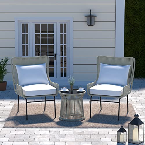 MEETWARM 3-Piece Outdoor All-Weather Wicker Furniture Set with Glass Top Side Table, Patio Conversation Bistro Sets with Cushions for Porch Garden & Backyard, Light Grey