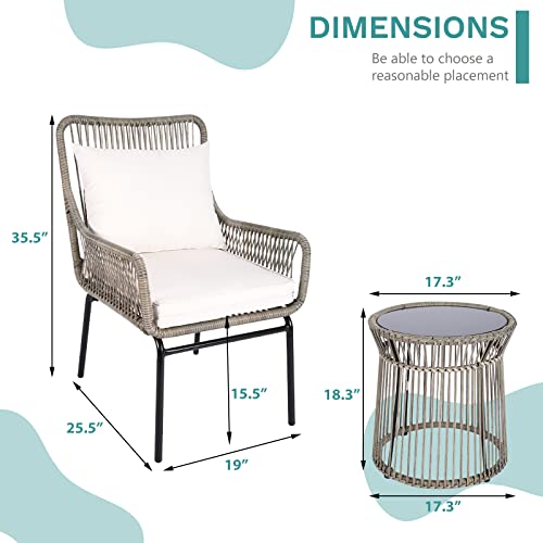 MEETWARM 3-Piece Outdoor All-Weather Wicker Furniture Set with Glass Top Side Table, Patio Conversation Bistro Sets with Cushions for Porch Garden & Backyard, Light Grey