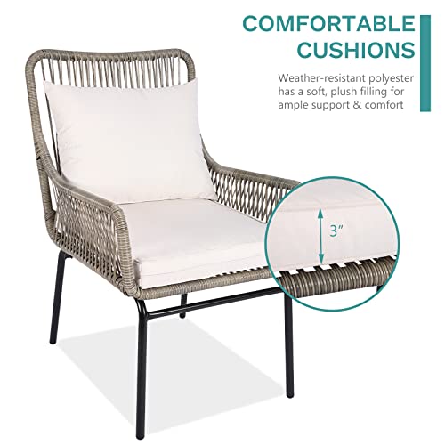 MEETWARM 3-Piece Outdoor All-Weather Wicker Furniture Set with Glass Top Side Table, Patio Conversation Bistro Sets with Cushions for Porch Garden & Backyard, Light Grey