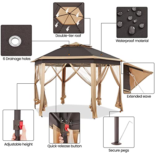 Yaheetech 13’ X 13’ Pop up Gazebo with Mosquito Netting, Hexagonal Outdoor Canopy Tent with Carry Bag for Patio Garden Backyard, Khaki/Brown