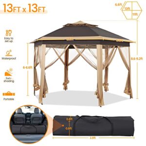 Yaheetech 13’ X 13’ Pop up Gazebo with Mosquito Netting, Hexagonal Outdoor Canopy Tent with Carry Bag for Patio Garden Backyard, Khaki/Brown