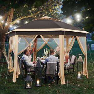 Yaheetech 13’ X 13’ Pop up Gazebo with Mosquito Netting, Hexagonal Outdoor Canopy Tent with Carry Bag for Patio Garden Backyard, Khaki/Brown