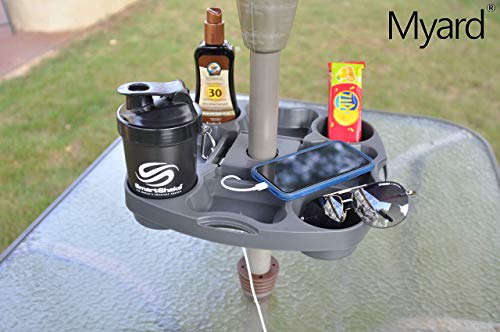 Myard Umbrella Table Tray 15 Inches for Beach, Patio, Garden, Swimming Pool with 4 Drink Holder, 4 Holes Bundle with Umbrella Cone Wedge Spacer fits Patio Table Hole Opening or Base 1.8 to 2.4 Inch