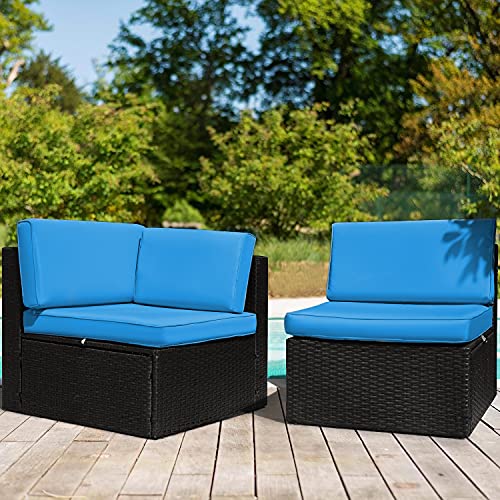 Flamaker 2 Pieces Patio Furniture Set Outdoor Loveseat All Weather PE Rattan Sofa Chair Set Corner Sofa Armless Sofa with Padded Soft Cushion (Blue)