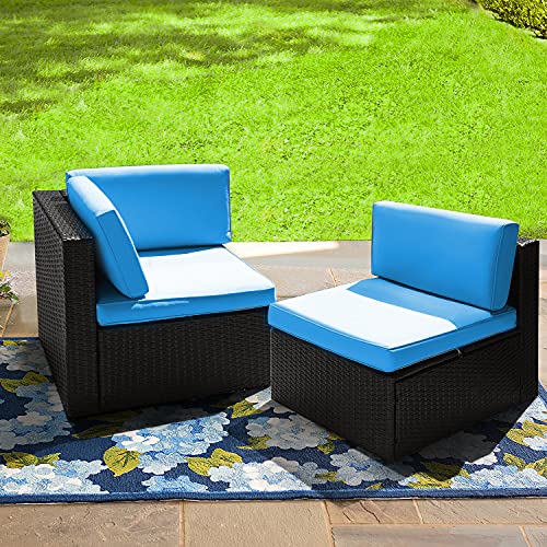 Flamaker 2 Pieces Patio Furniture Set Outdoor Loveseat All Weather PE Rattan Sofa Chair Set Corner Sofa Armless Sofa with Padded Soft Cushion (Blue)