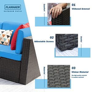 Flamaker 2 Pieces Patio Furniture Set Outdoor Loveseat All Weather PE Rattan Sofa Chair Set Corner Sofa Armless Sofa with Padded Soft Cushion (Blue)