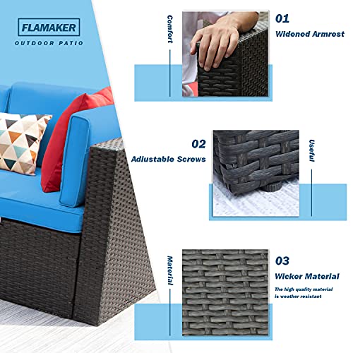 Flamaker 2 Pieces Patio Furniture Set Outdoor Loveseat All Weather PE Rattan Sofa Chair Set Corner Sofa Armless Sofa with Padded Soft Cushion (Blue)