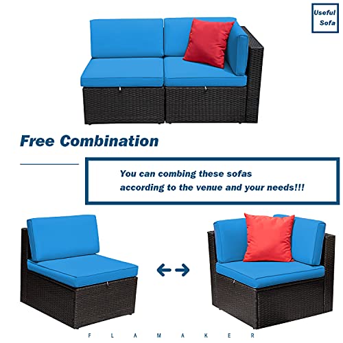 Flamaker 2 Pieces Patio Furniture Set Outdoor Loveseat All Weather PE Rattan Sofa Chair Set Corner Sofa Armless Sofa with Padded Soft Cushion (Blue)