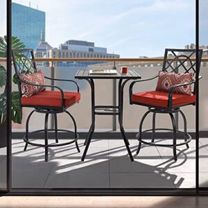 Omelaza 3 Pcs Patio Swivel Bar Stools Set, Outdoor Bar Height Bistro Chairs Set with 2 Cushioned Chairs & 1 Square Bistro Table, Backyard, Lawn, Garden, Black