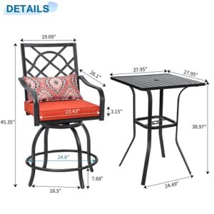 Omelaza 3 Pcs Patio Swivel Bar Stools Set, Outdoor Bar Height Bistro Chairs Set with 2 Cushioned Chairs & 1 Square Bistro Table, Backyard, Lawn, Garden, Black