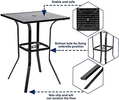 Omelaza 3 Pcs Patio Swivel Bar Stools Set, Outdoor Bar Height Bistro Chairs Set with 2 Cushioned Chairs & 1 Square Bistro Table, Backyard, Lawn, Garden, Black