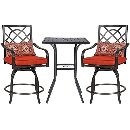 Omelaza 3 Pcs Patio Swivel Bar Stools Set, Outdoor Bar Height Bistro Chairs Set with 2 Cushioned Chairs & 1 Square Bistro Table, Backyard, Lawn, Garden, Black