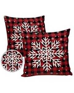 outdoor waterproof throw pillow covers set of 2,christmas snowflake plaid red outdoor pillow covers decorative cushion covers for patio funiture garden,18 x 18 inches,winter rustic buffalo checkered