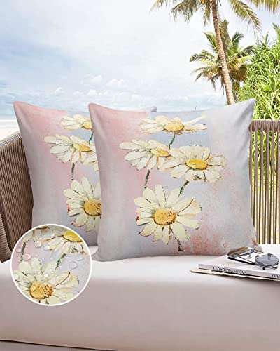 Outdoor Waterproof Throw Pillow Covers Daisy Flower Lumbar Pillowcases Oil Painting Abstract Decorative Outdoor Pillows Cushion Case Patio Pillows for Sofa Couch Bed Garden 16 x 16 Inches