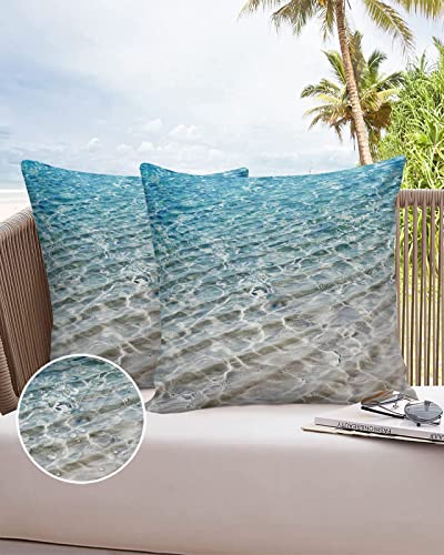 Vandarllin Outdoor Throw Pillows Covers 26X26 Set of 2 Waterproof Clear Sea Water Decorative Zippered Lumbar Cushion Covers for Patio Furniture, Blue Ocean Beach