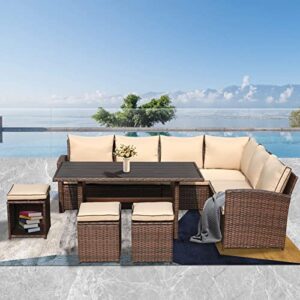 Verano Garden 7 Pieces Patio Furniture Set, Outdoor Patio Dining Sofa Set W/Cushion, Table & Ottoman, Clearance All Weather Outdoor Patio Furniture Set for Deck, Porch, Poolside, Backyard