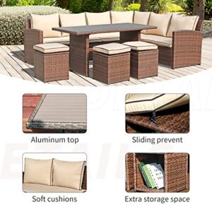 Verano Garden 7 Pieces Patio Furniture Set, Outdoor Patio Dining Sofa Set W/Cushion, Table & Ottoman, Clearance All Weather Outdoor Patio Furniture Set for Deck, Porch, Poolside, Backyard