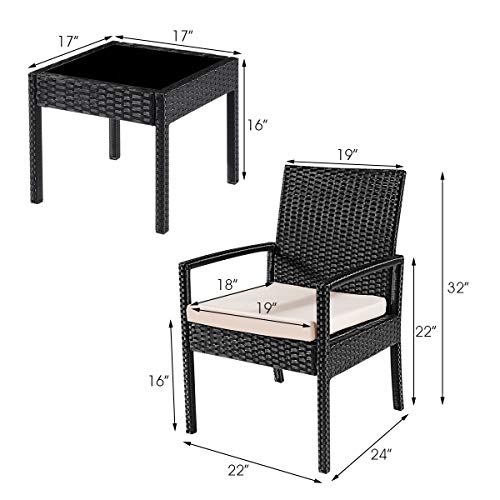 Casart 3-Piece Rattan Conversation Set, Outdoor Wicker Table and Chairs for Bistro Garden Backyard Poolside, Patio Furniture Set with Cushioned Seats and Tempered Glass Table