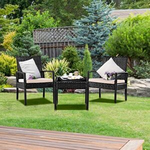 Casart 3-Piece Rattan Conversation Set, Outdoor Wicker Table and Chairs for Bistro Garden Backyard Poolside, Patio Furniture Set with Cushioned Seats and Tempered Glass Table