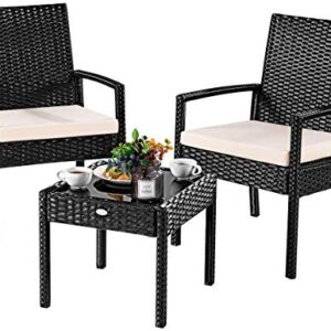 Casart 3-Piece Rattan Conversation Set, Outdoor Wicker Table and Chairs for Bistro Garden Backyard Poolside, Patio Furniture Set with Cushioned Seats and Tempered Glass Table