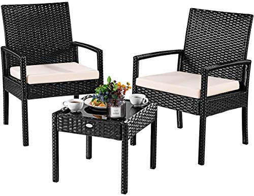 Casart 3-Piece Rattan Conversation Set, Outdoor Wicker Table and Chairs for Bistro Garden Backyard Poolside, Patio Furniture Set with Cushioned Seats and Tempered Glass Table