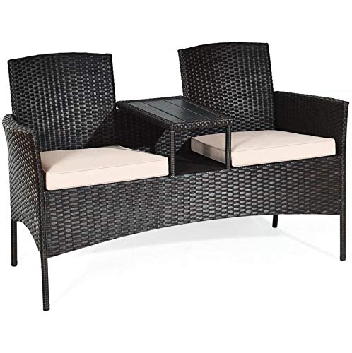 HAPPYGRILL Outdoor Patio Conversation Set with Cushions, Wicker Table Sofas Chair for Garden Lawn Backyard