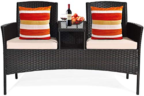 HAPPYGRILL Outdoor Patio Conversation Set with Cushions, Wicker Table Sofas Chair for Garden Lawn Backyard