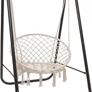 SENADA Swing Chair with Stand, Handwoven Rope Swing Hammock Chair, Heavy Duty Hammock Stand Max Load 360lbs, Garden Indoor Outdoor Hanging Chair Stand Included Set (White)