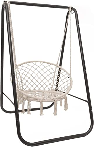 SENADA Swing Chair with Stand, Handwoven Rope Swing Hammock Chair, Heavy Duty Hammock Stand Max Load 360lbs, Garden Indoor Outdoor Hanging Chair Stand Included Set (White)