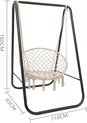 SENADA Swing Chair with Stand, Handwoven Rope Swing Hammock Chair, Heavy Duty Hammock Stand Max Load 360lbs, Garden Indoor Outdoor Hanging Chair Stand Included Set (White)