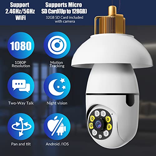 Light Bulb Security Camera Wireless Outdoor - 2.4GHz/5GHz WiFi 360 Surveillance Indoor Socket Security Camera Camera Real-time Motion Detection Alerts Two Way Talk Night Vision 32G SD Card Included