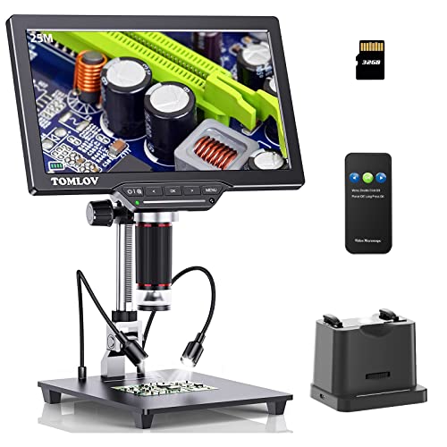 TOMLOV DM202 Max Digital Microscope 1300x, HDMI LCD Microscope with Screen, Bottom Transmitted Light,25MP Soldering Microscope with Lights Coin Microscope View Entire Coin,PC/TV Compatible, 32GB