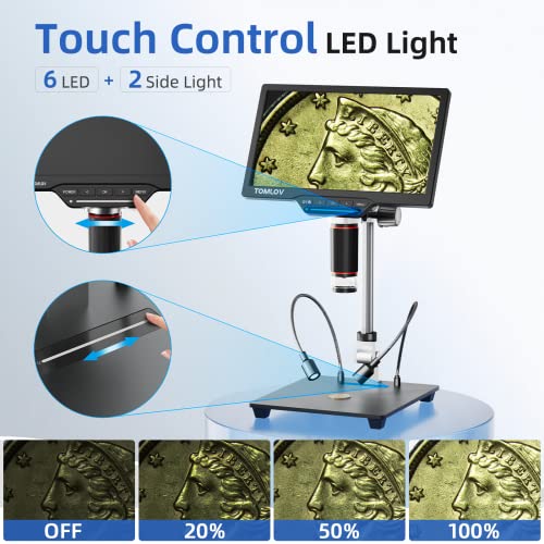 TOMLOV DM202 Max Digital Microscope 1300x, HDMI LCD Microscope with Screen, Bottom Transmitted Light,25MP Soldering Microscope with Lights Coin Microscope View Entire Coin,PC/TV Compatible, 32GB