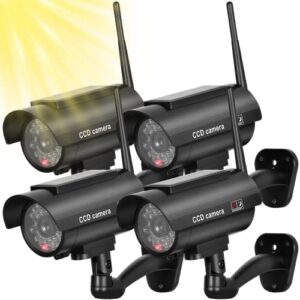 bnt solar powered fake security camera, bullet dummy security camera simulated surveillance system with realistic red flashing light sensor and warning sticker for indoor/outdoor(4pack, black)