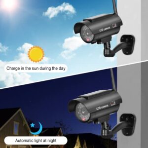 BNT Solar Powered Fake Security Camera, Bullet Dummy Security Camera Simulated Surveillance System with Realistic Red Flashing Light Sensor and Warning Sticker for Indoor/Outdoor(4Pack, Black)