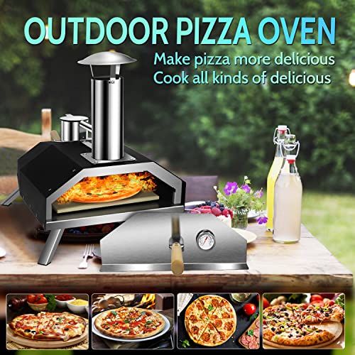 Migoda 12" Pizza Ovens Wood Fired Oven, Portable Outdoor Stainless Steel Pizza Ovens with Built-In Thermometer etc Accessories for Outside, Garden, Courtyard Cooking (Black)