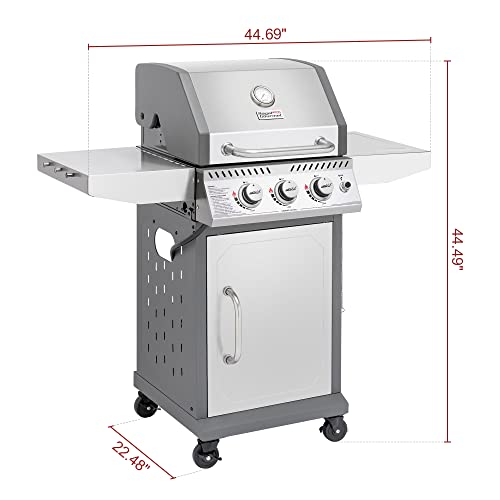 Royal Gourmet GG3001S Stainless Steel 3-Burner Propane, 25,500 BTU Cabinet Style Gas Side Tables, Outdoor Cooking Grill for Patio Garden Barbecue, Silver