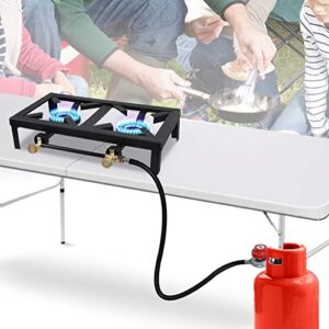 Portable Double Burner Outdoor Gas Stove Propane Cooker with Adjustable 0-20Psi Regulator Hose for Patio Camping, BBQ, Home Brewing, Turkey Fry, Maple Syrup Prep