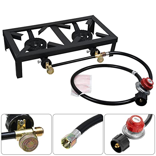 Portable Double Burner Outdoor Gas Stove Propane Cooker with Adjustable 0-20Psi Regulator Hose for Patio Camping, BBQ, Home Brewing, Turkey Fry, Maple Syrup Prep