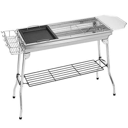 Portable Charcoal Grill, Upgraded Folding Large Barbecue Charcoal Grill W/Board Shelf & Flavoring Storage Basket, Stainless Steel Frame, for 8 People Picnic Garden Terrace Camping Travel Use