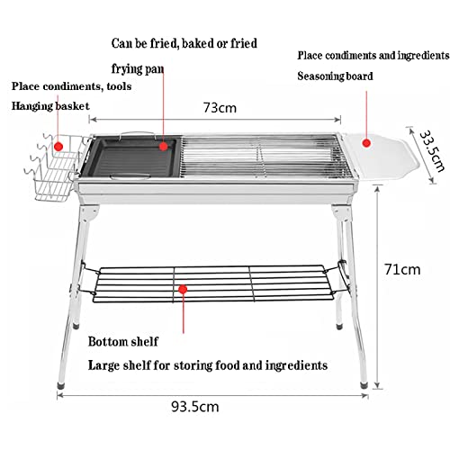 Portable Charcoal Grill, Upgraded Folding Large Barbecue Charcoal Grill W/Board Shelf & Flavoring Storage Basket, Stainless Steel Frame, for 8 People Picnic Garden Terrace Camping Travel Use