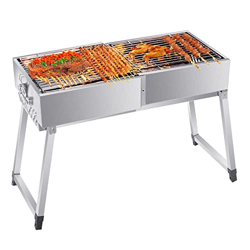 Portable Charcoal Grill Foldable Stainless Steel 24" x 12" x 26" Kebab Skewer BBQ Barbecue Camping Grill Kit for Garden Backyard Home Outdoor Cooking Use