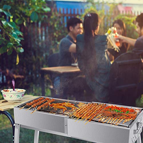 Portable Charcoal Grill Foldable Stainless Steel 24" x 12" x 26" Kebab Skewer BBQ Barbecue Camping Grill Kit for Garden Backyard Home Outdoor Cooking Use