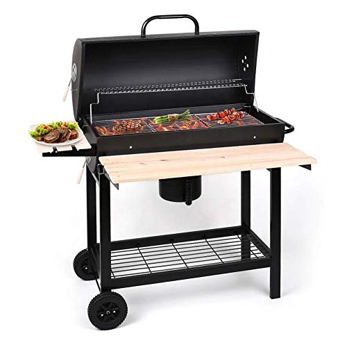 RJMOLU Outdoor Smoker Barbecue Portable Charcoal BBQ Grill for Garden Home Camping, Heat Control BBQ Kettle with 2 Foldable Wooden Side Shelves and Thermometer