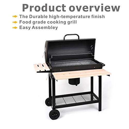 RJMOLU Outdoor Smoker Barbecue Portable Charcoal BBQ Grill for Garden Home Camping, Heat Control BBQ Kettle with 2 Foldable Wooden Side Shelves and Thermometer